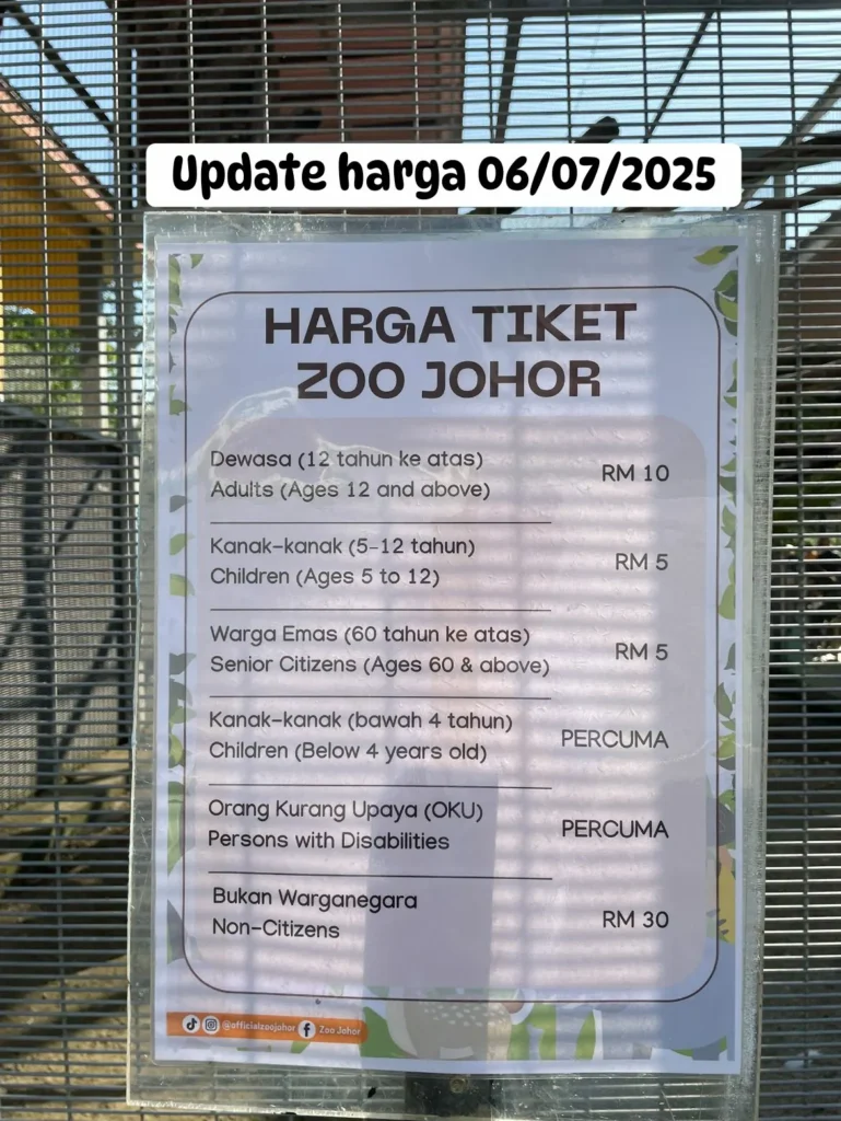 Senarai Harga Tiket Zoo Johor Terkini Tahun 2025